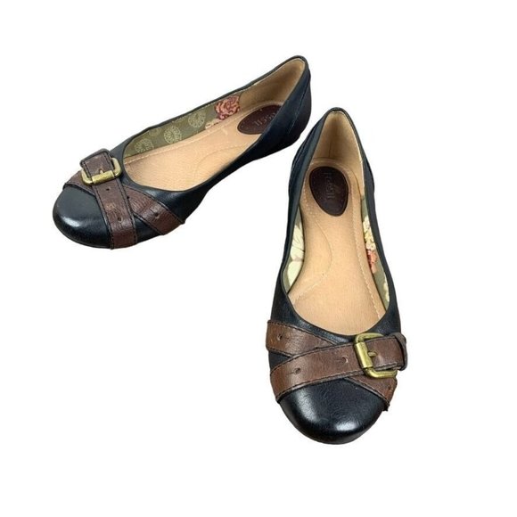 Fossil | Shoes | Fossil Black Leather Ballet Flats Brown Buckle Toe ...